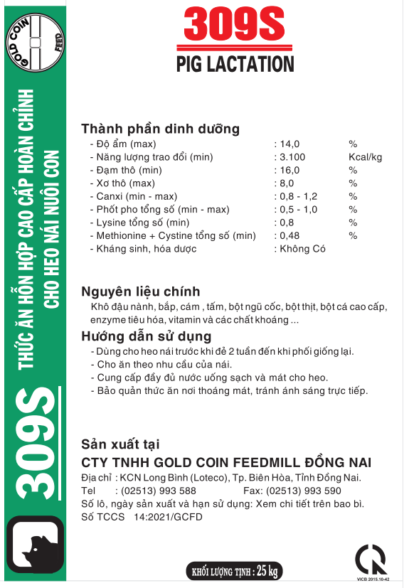 Thức ăn hỗn hợp cao cấp hoàn chỉnh cho Heo nái nuôi con - 309S - Goldcoin Việt Nam